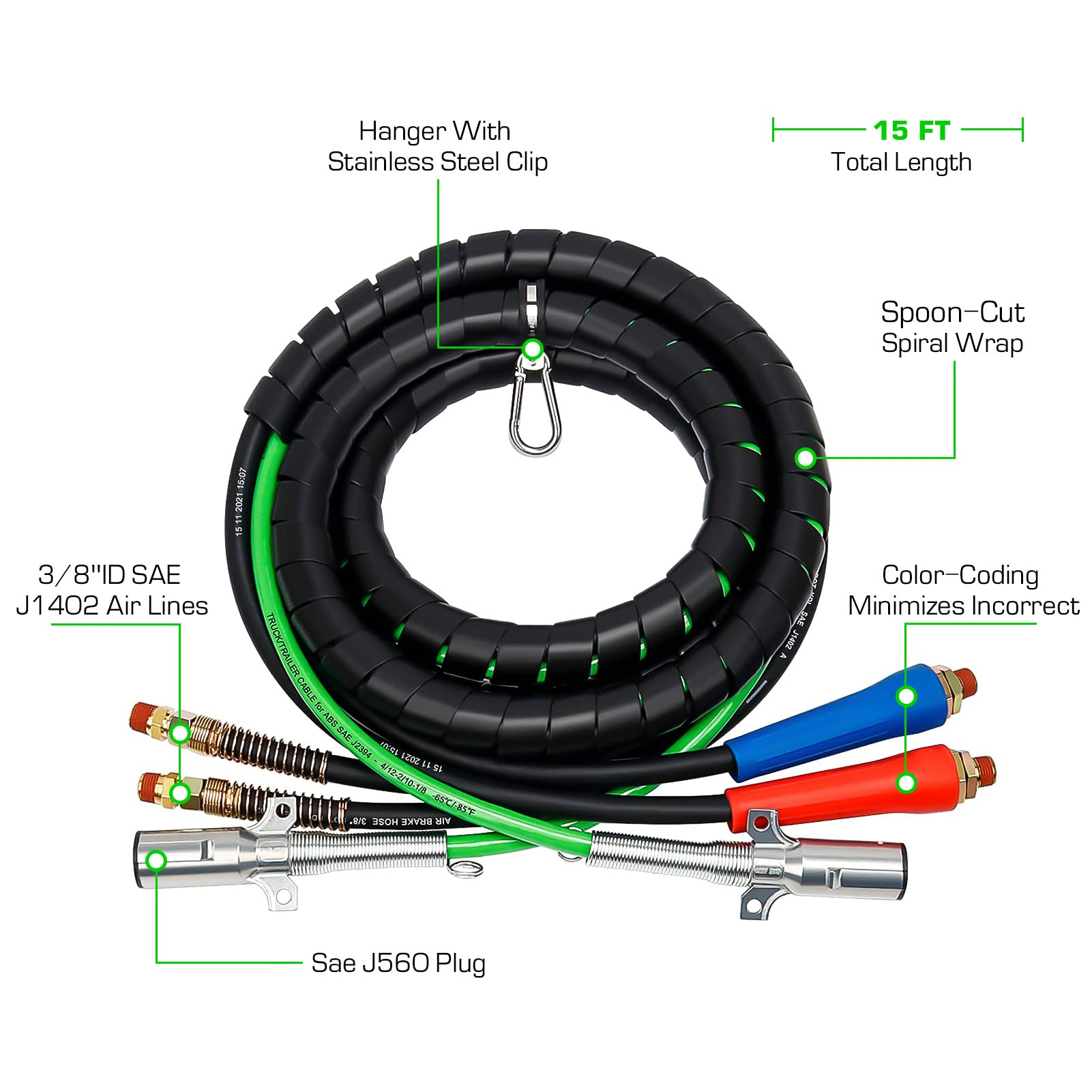 Snapklik.com : 15Ft 3 In 1 ABS & Air Power Line Hose Kit Wrap 7 Way ...