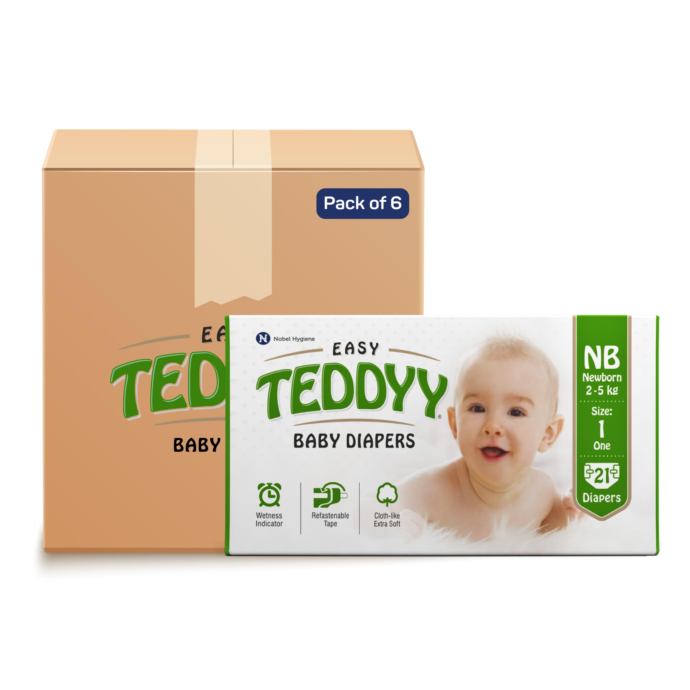 Buy TEDDYY Baby Diapers Easy New Born 126 Count (Pack of 6), 2-5 kgs ...