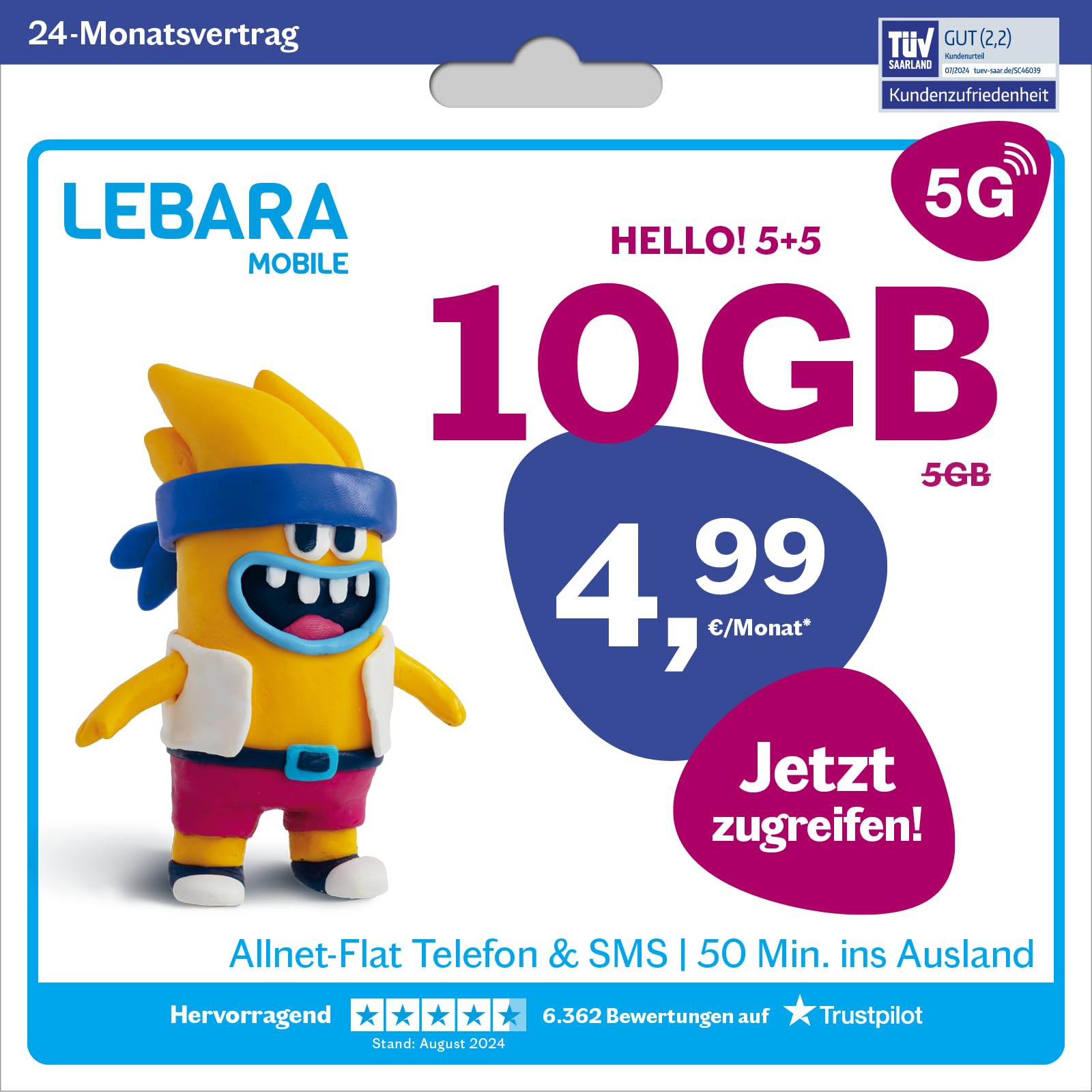 LEBARA Handytarif Hello! 5+5 | 10 GB Datenvolumen | 4,99€ mtl. | 5G mit ...