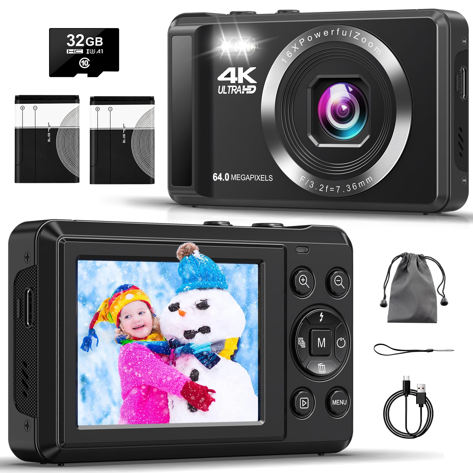 4K Digital Camera with 32GB SD Card, 64MP Autofocus Compact Camera for ...