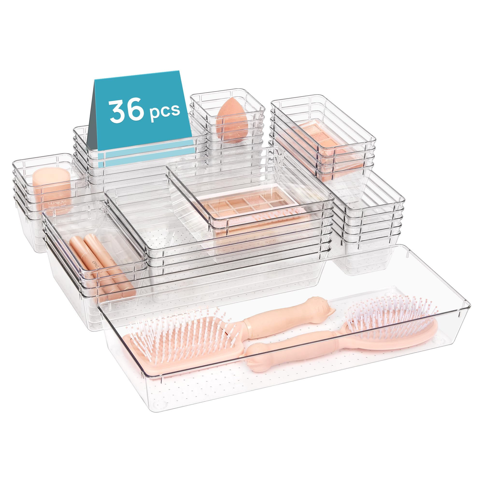 Vtopmart 36 PCS Plastic Clear Drawer Organizer, Acrylic Desk Drawer ...