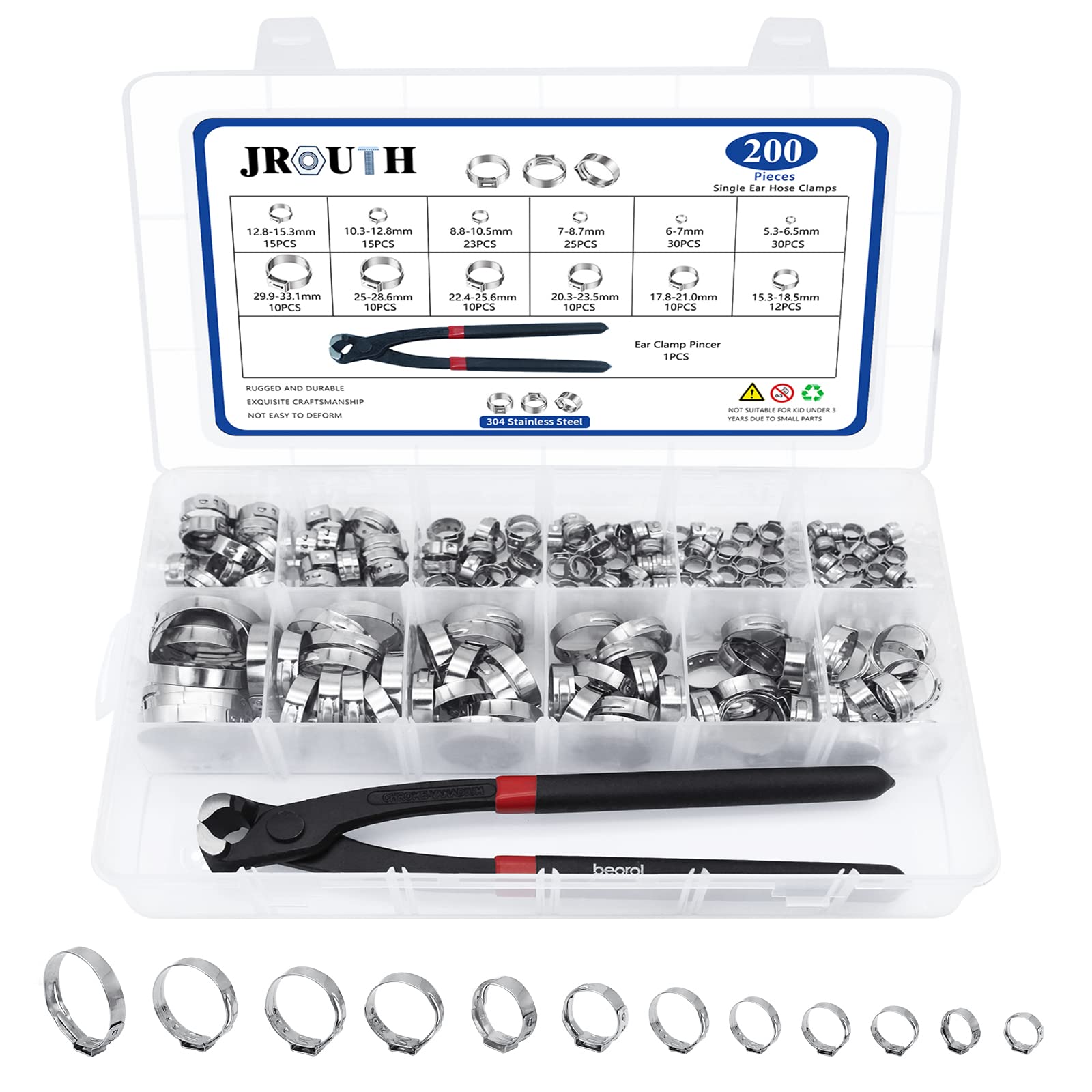Jrouth 200pcs Single Ear Hose Clamps 12 Size53 331mm