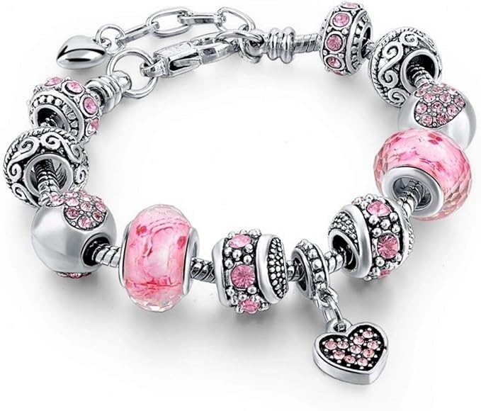 Amazon.com: Capital Charms Pink Hearts Silver Plated Charm Bracelet Set ...
