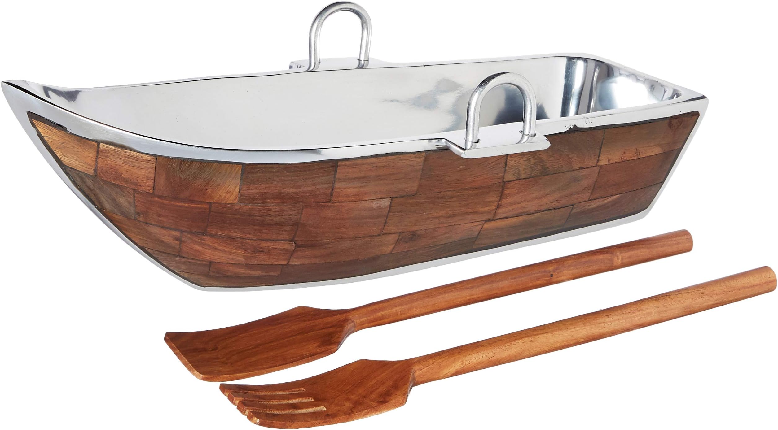 Amazon.com | Godinger Wood Lined Boat Bowl with Salad Server, Silver ...