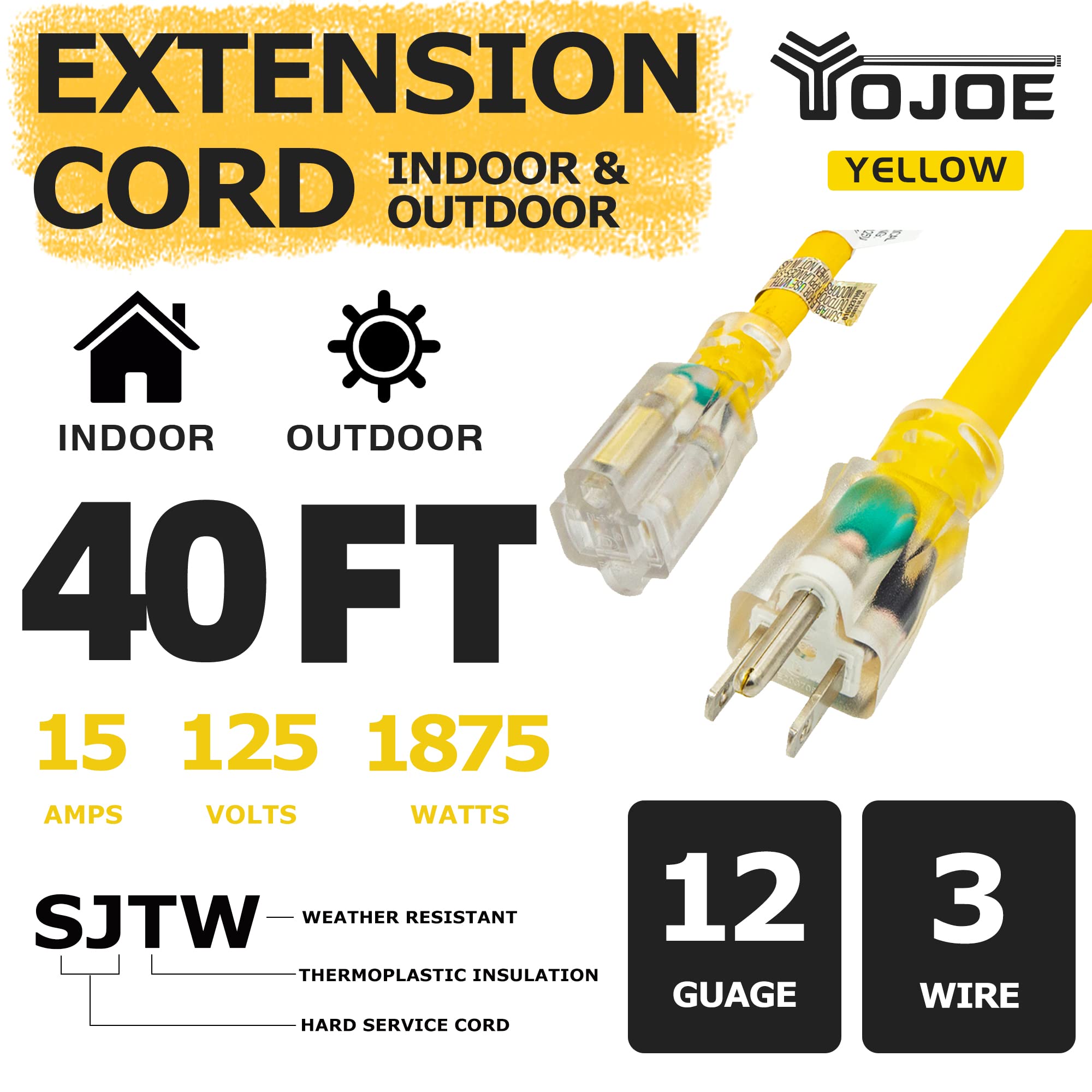 YOJOE 40 Foot Yellow Extension Cord, Lighted Outdoor 12/3 Cord, 12 ...
