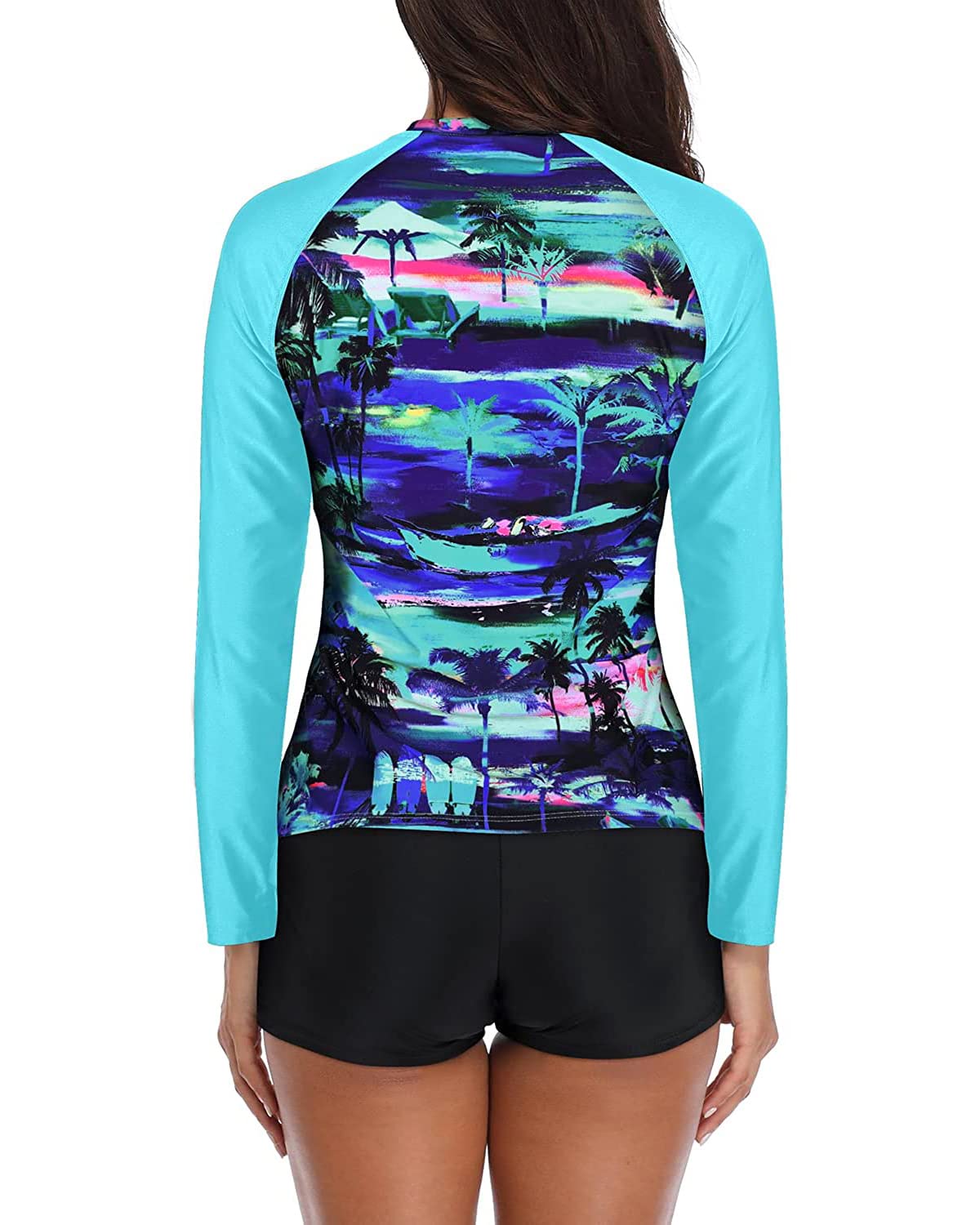 Snapklik.com : Daci Women Blue Coconut Palm Two Piece Rash Guard Long Sleeve Swimsuits UV UPF 50 ...