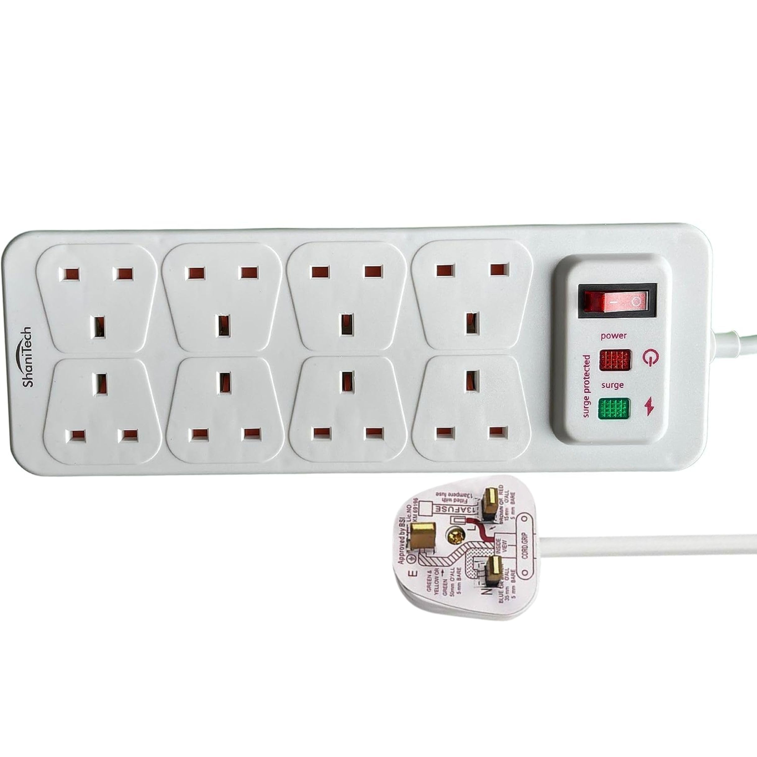 ShaniTech 8 Gang Power Surge Protected Socket with 2 m Extension Lead ...