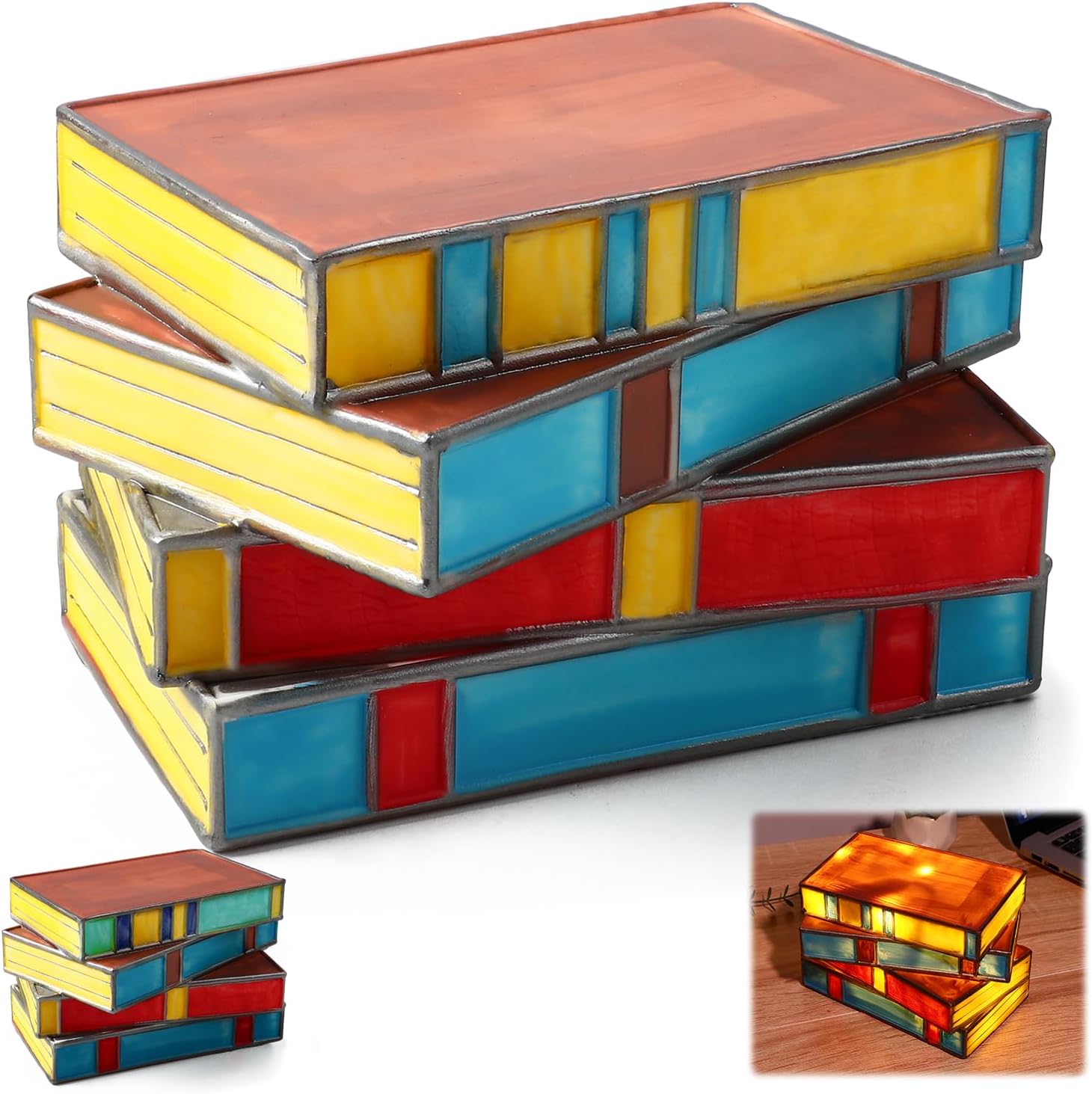 Omaky Stained Stacked Books Lamp - Resin Nightstand Desk Light, Reading ...