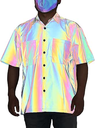 Amazon.com: LZLRUN Men's Rainbow Reflective Pocket-Short Sleeve Shirt ...