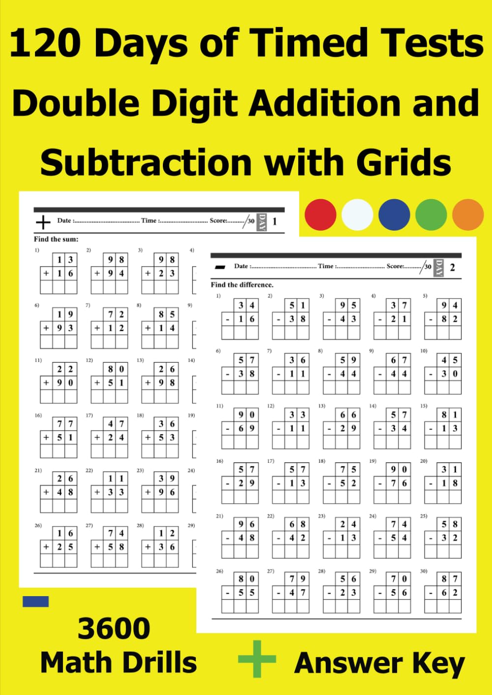 120 Days of Timed Tests Double Digit Addition and Subtraction with ...