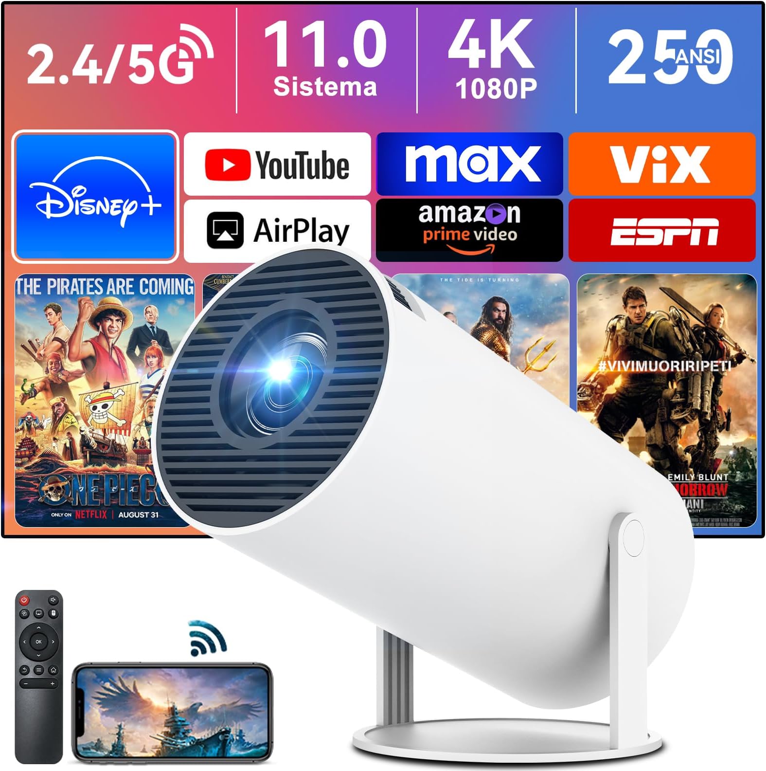 HY300PRO Mini Proyector Portátil WiFi 6 BT 5.0 Android 11, Proyector 4K ...