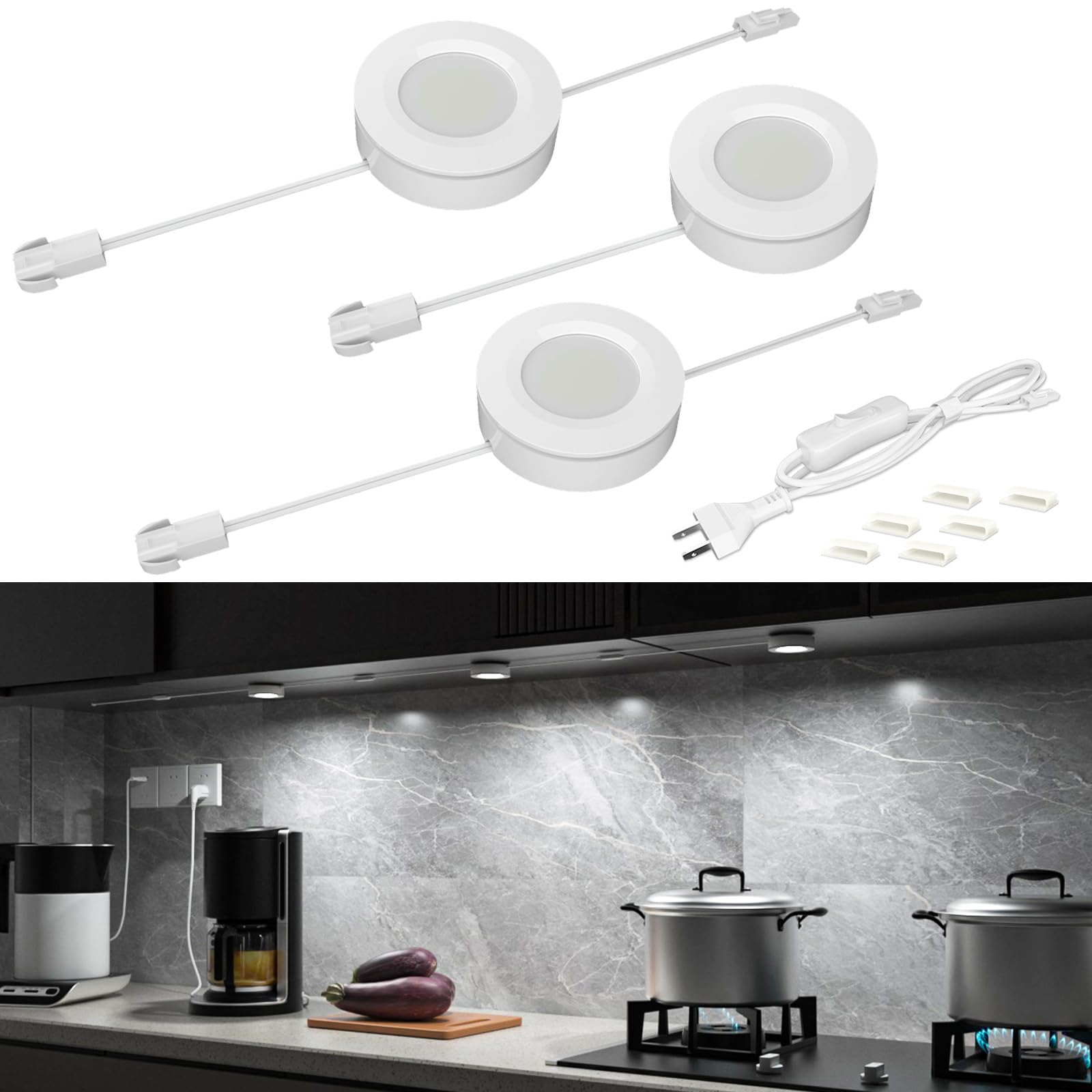 WOBANE Hardwired Under Cabinet Lights,Linkable LED Puck Lights with ...