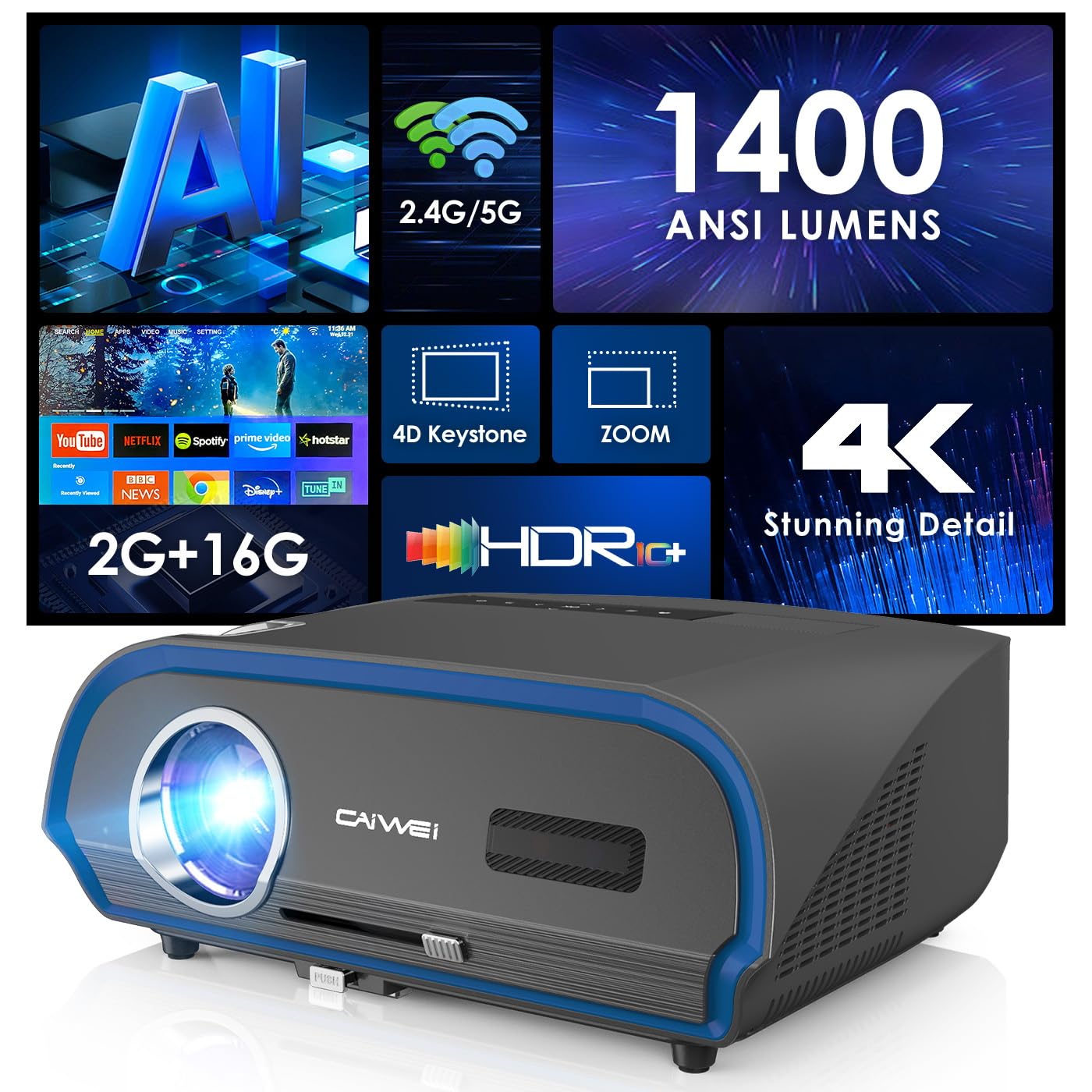 Smart Movie Projector 4K,1400ANSI Daylight Outdoor Projector 4K HDR 2.4 ...