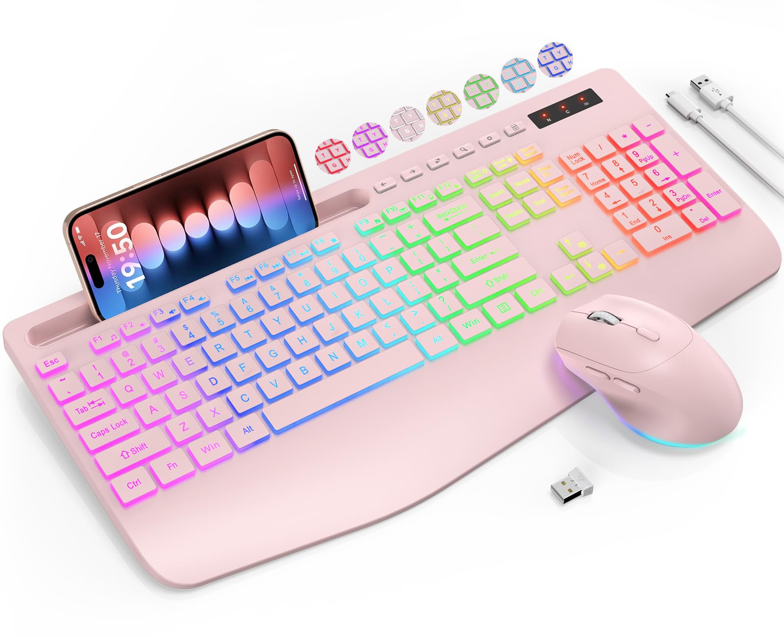 Wireless Keyboard and Mouse Combo, 9 Backlit Effects, Wrist Rest, Phone ...