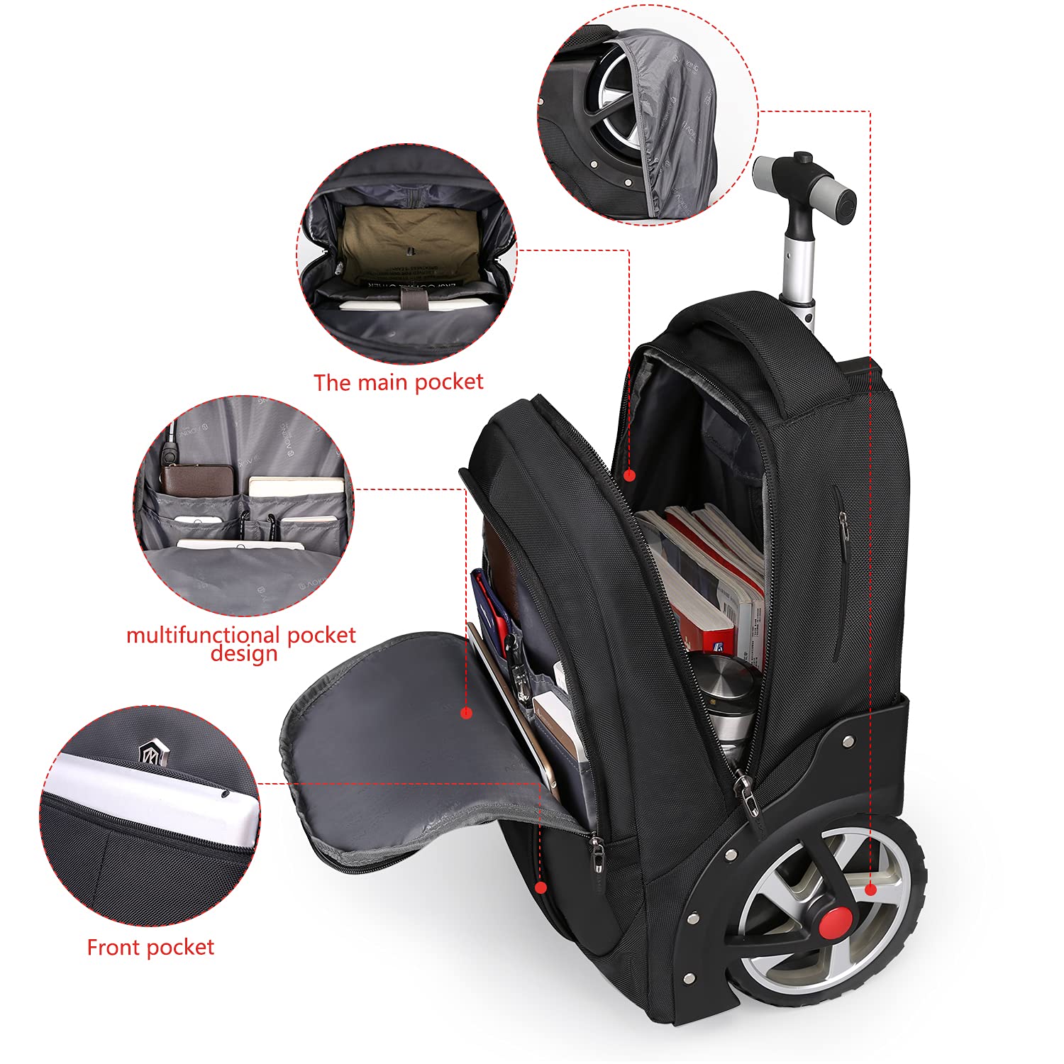 Rolling Backpack, Waterproof Backpack with Wheels for Business, College ...
