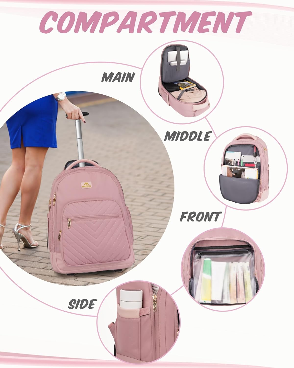 MATEIN Rolling Backpack for Women, 17 Inch Travel Laptop Backpacks with ...
