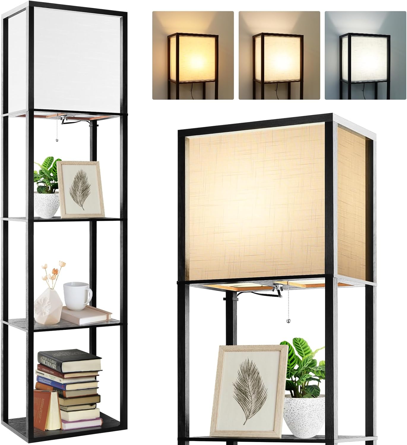 AVV Wide Floor Lamp with Shelves, 4-Tier Modern Shelf Floor Lamp 15W ...