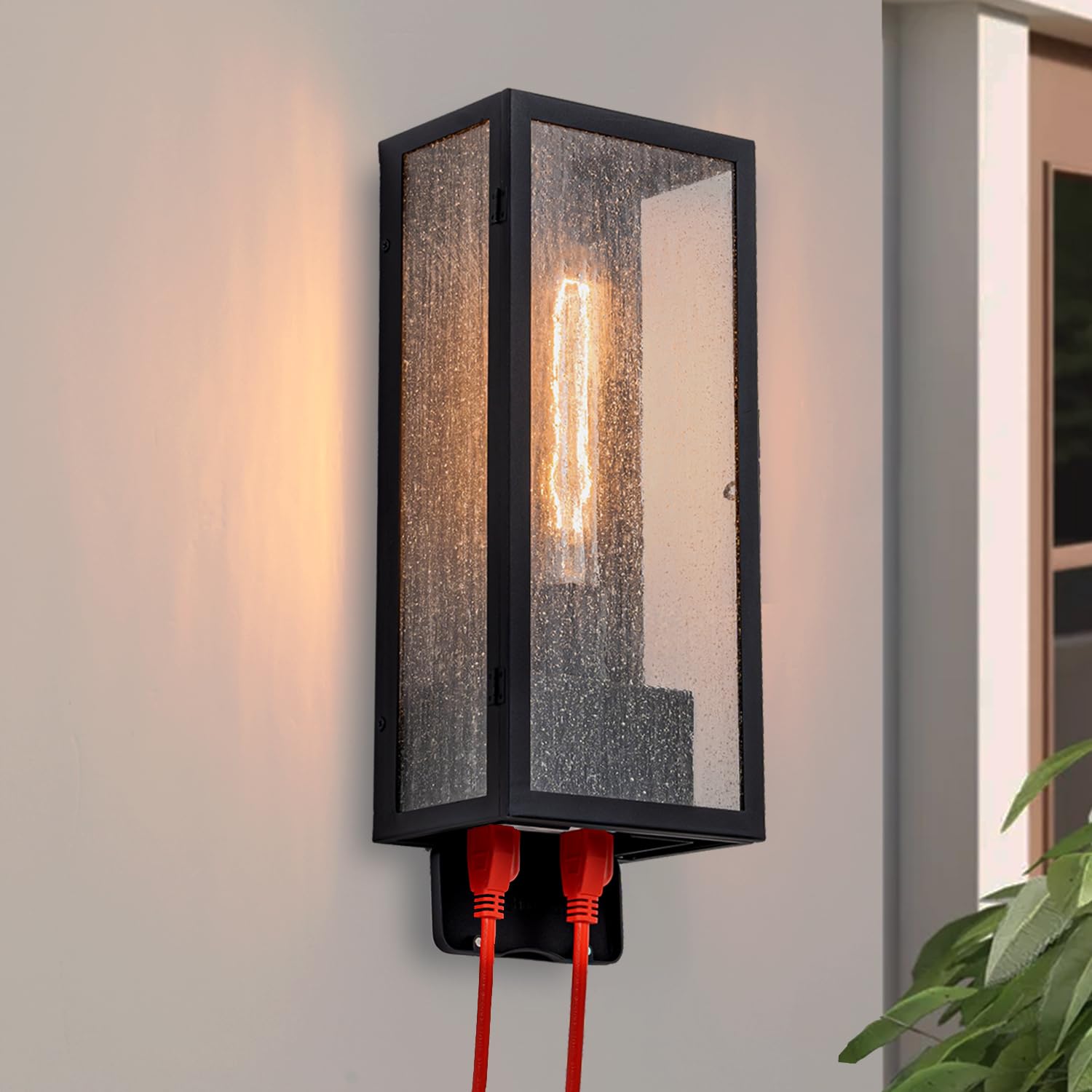 Yonaveil Porch Light with GFCI Outlet, Matte Black Exterior Lighting ...