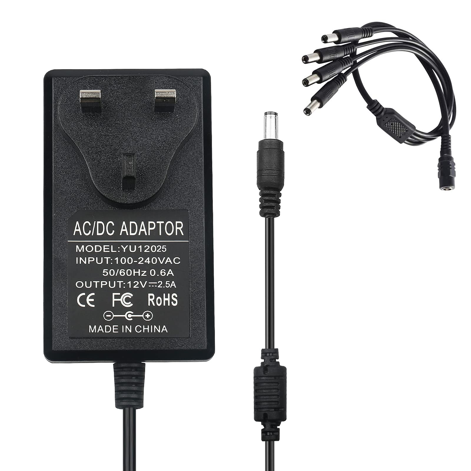 Buy 12V 2.5A Power Supply with 4 Way Splitter Cable, AC 100-240V to 12 ...