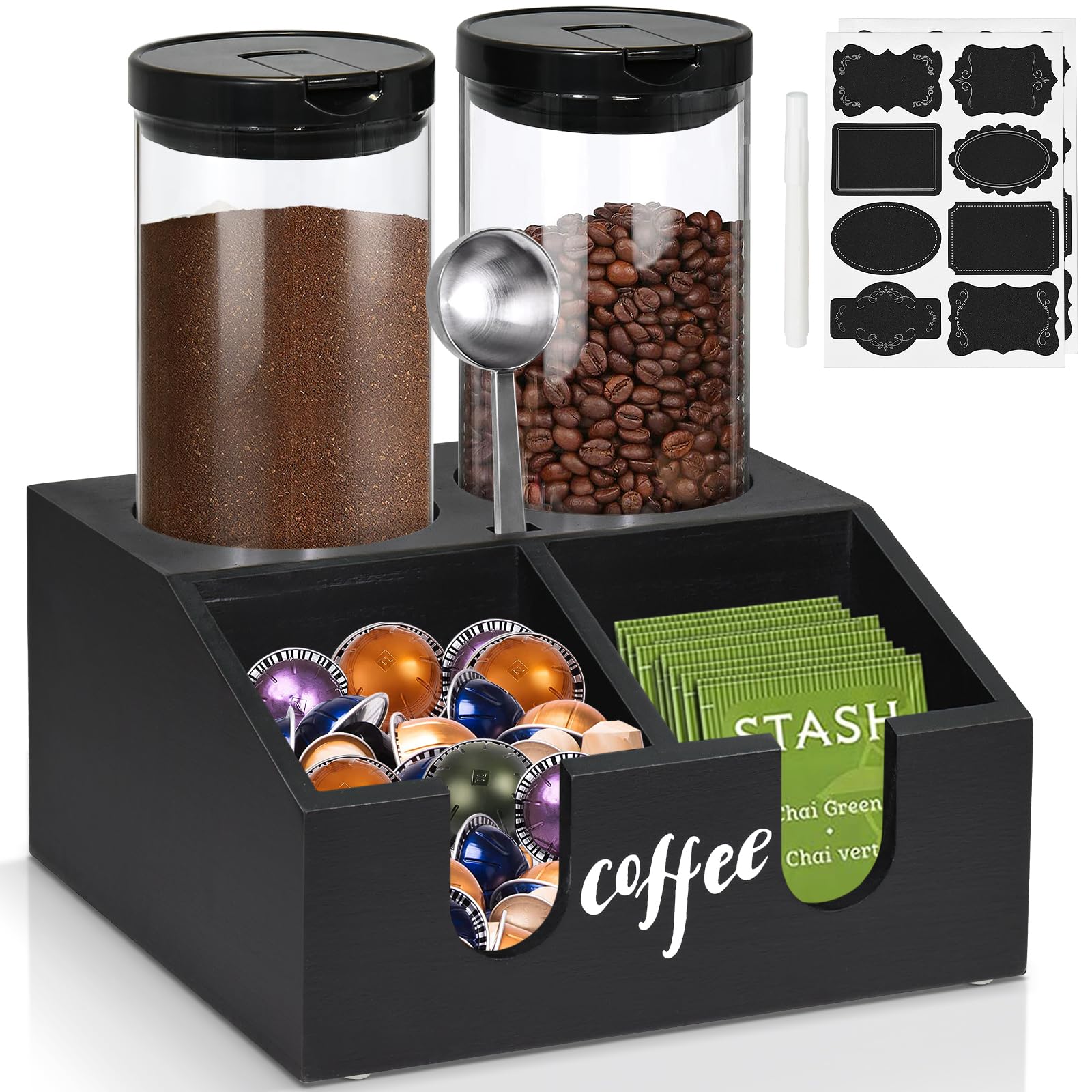 Coffee Container for Ground Coffee, Glass Coffee Containers with Shelf ...