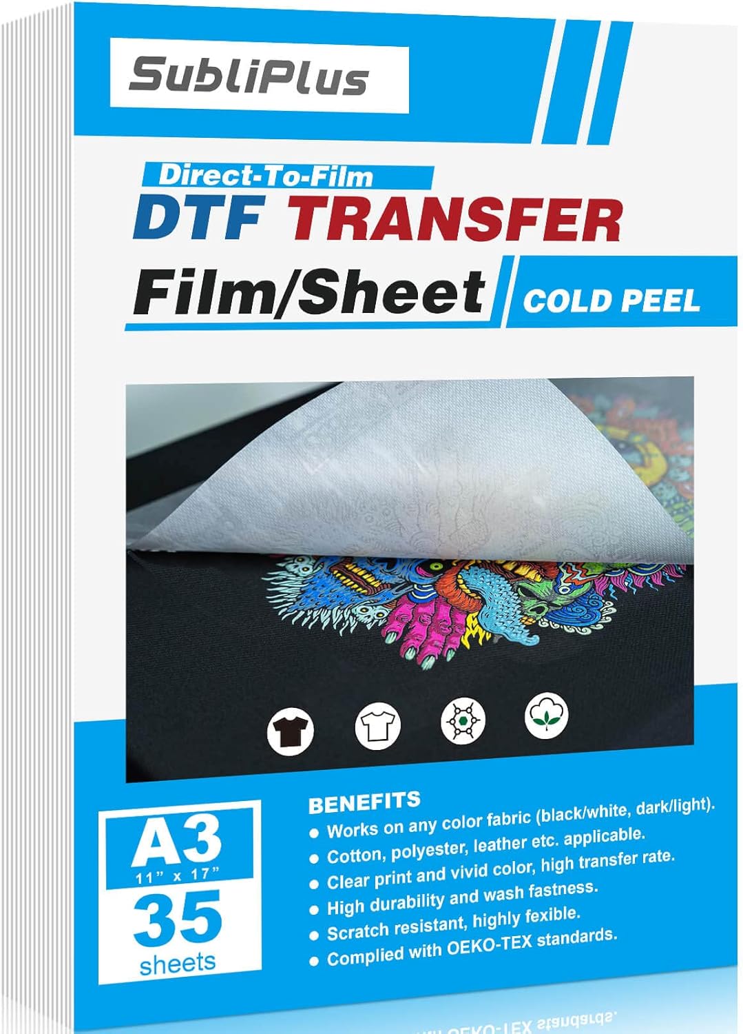 Amazon.com: SubliPlus+ DTF Film | 11x17, A3 | 35 Sheets DTF Transfer Film for Direct-to-Film ...