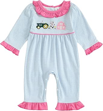 Amazon.com: Newborn Baby Girl Fall Outfit Farm Clothes Tractor Cow Embroidery Ruffle Long Sleeve ...