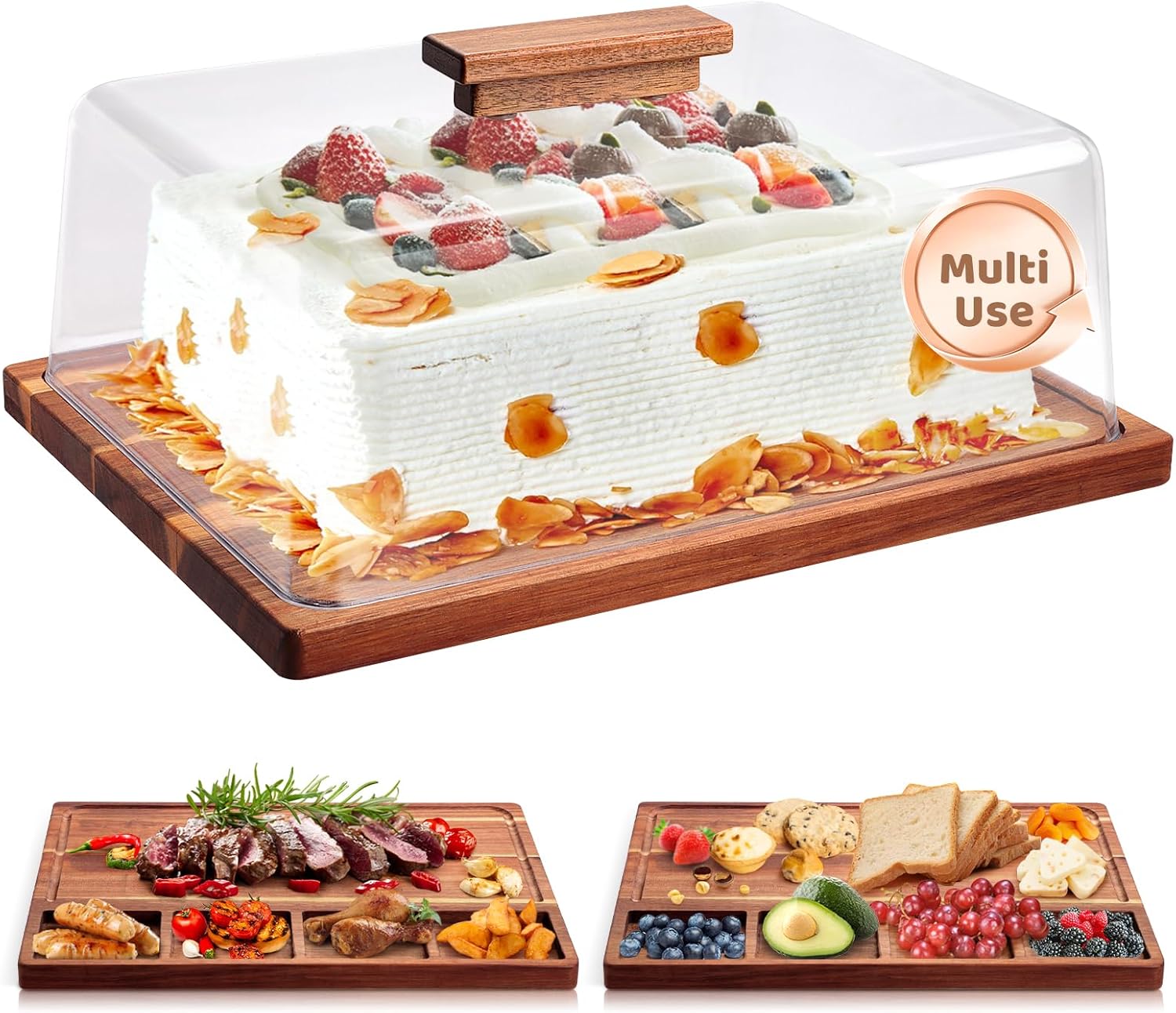 Amazon.com | Cake Stand with Dome Cover Lid, Multi-Use Rectangular 15.3 ...