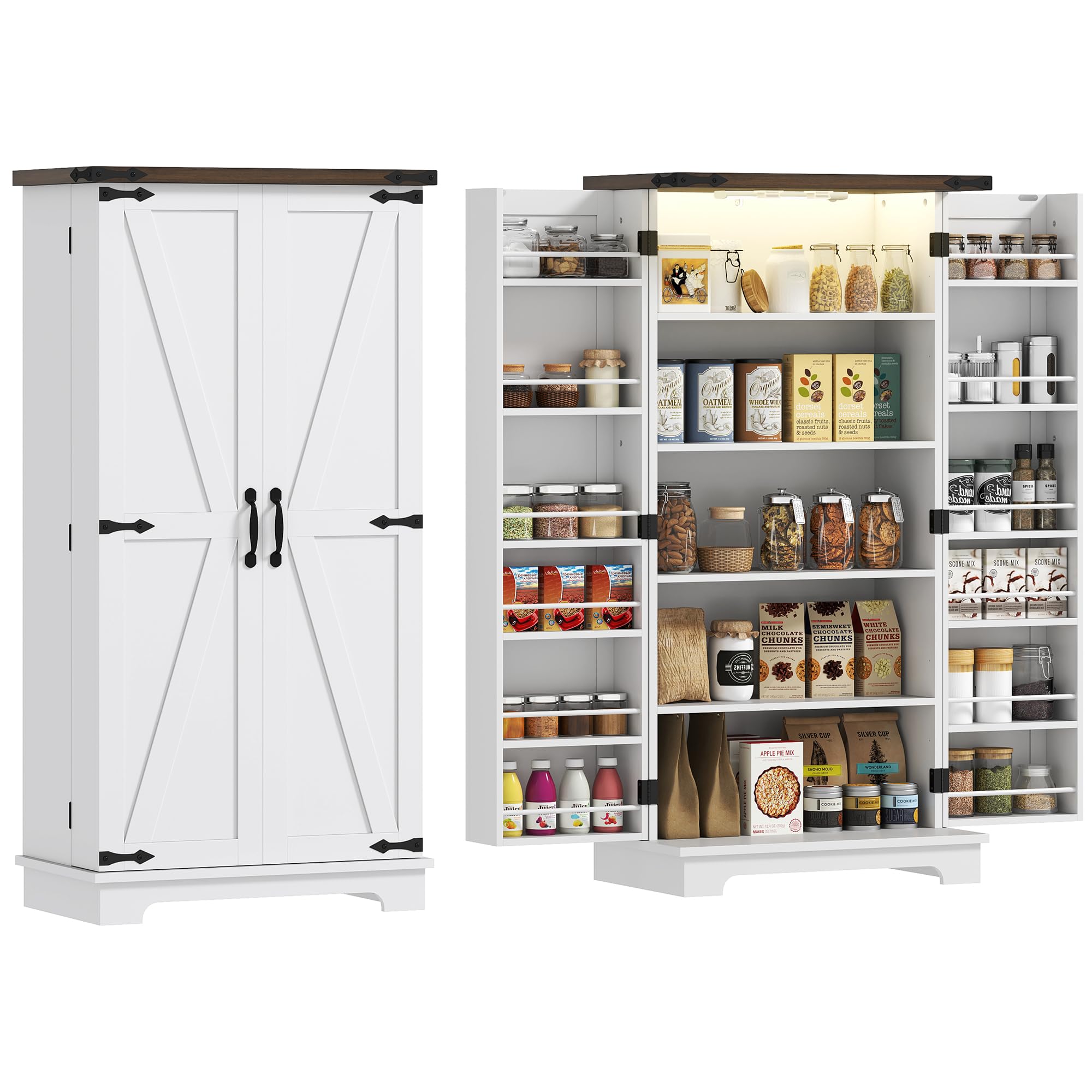 Amazon.com: HOMCOM 47" LED Kitchen Pantry Cabinet, Farmhouse Storage ...