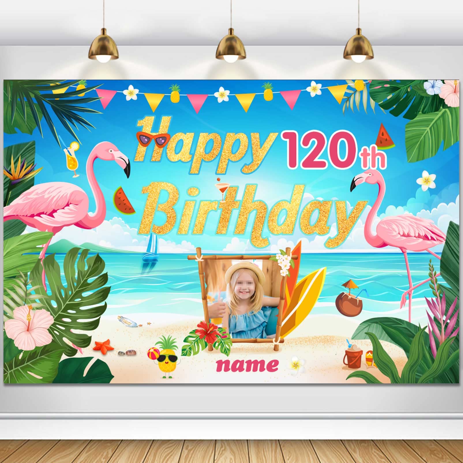 Snapklik.com : Custom Flamingo Theme 120th Birthday Decorations Banner