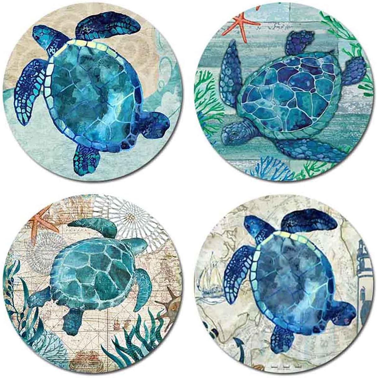Amazon.com: Hand Drawn Colorful Sea Turtle Round Coaster Set of Drink ...