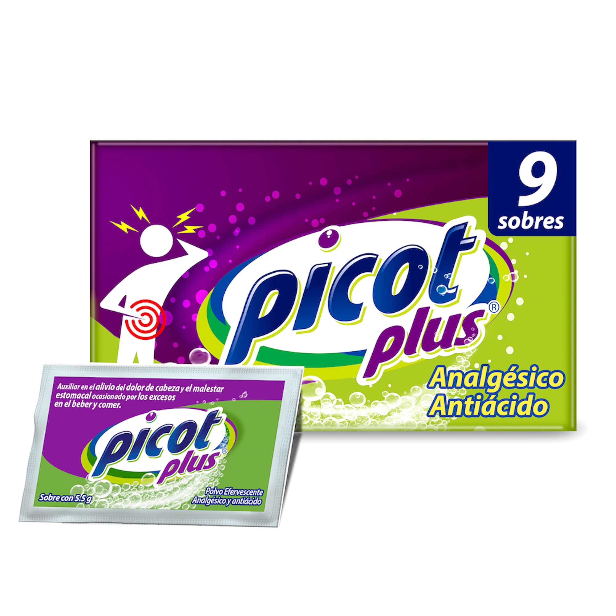 Picot Plus Analgésico y Antiácido Polvo Efervescente caja con 9 sobres ...