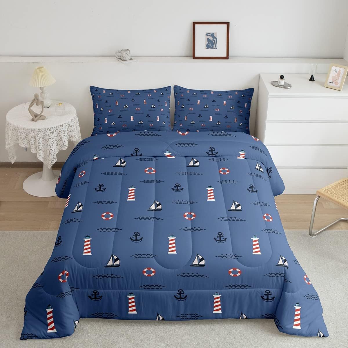 Amazon.com: jejeloiu Nautical Bedding Set Queen Size Ocean Anchor Decor ...