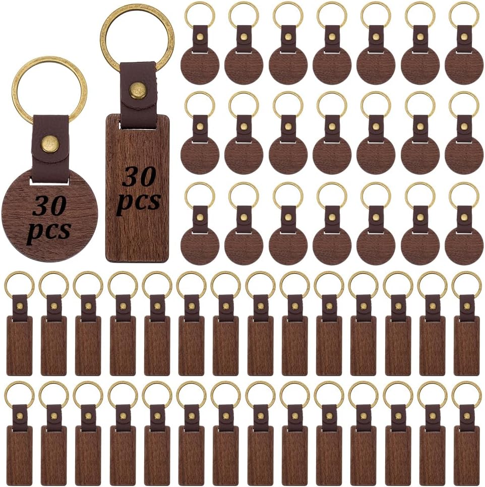 Amazon.com: ACRNIGHEET 60 PCS Leather Wood Keychain Blanks Unfinished ...