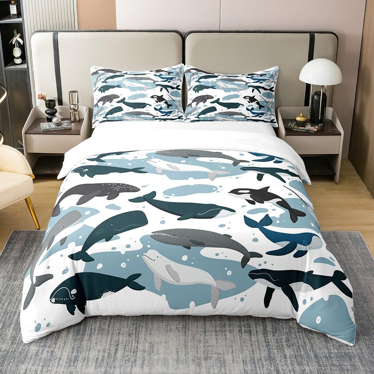 Amazon.com: 100% Cotton Whale Comforter Cover Twin, Marine Life Duvet ...