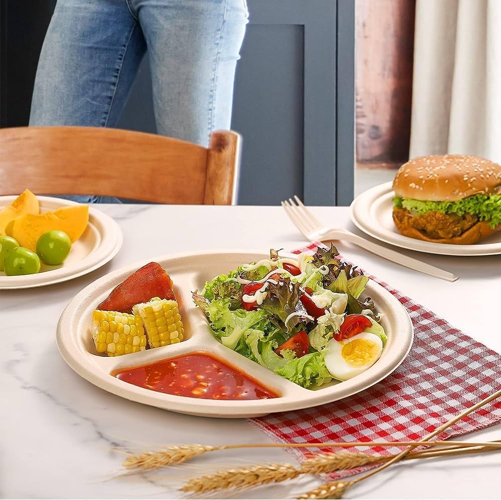Khusiya 100% Compostable 9 Inch – 3 Compartment Heavy-Duty Plates [125 ...
