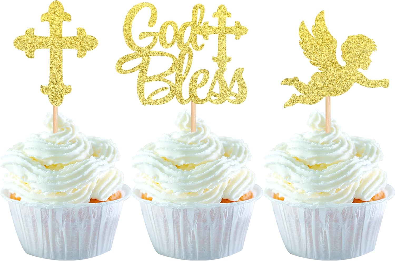 Amazon.com: 24 Pack God Bless Cupcake Toppers Glitter Cross Angel ...