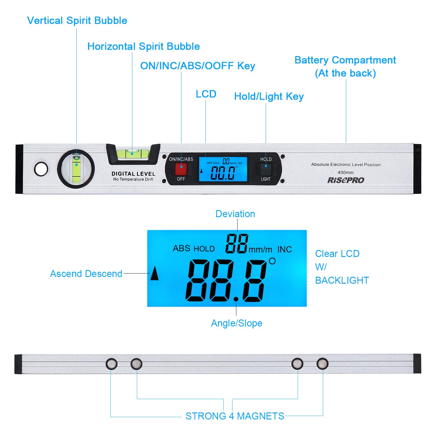 Snapklik.com : RISEPRO 16-inch Digital Spirit Level And Protractor ...