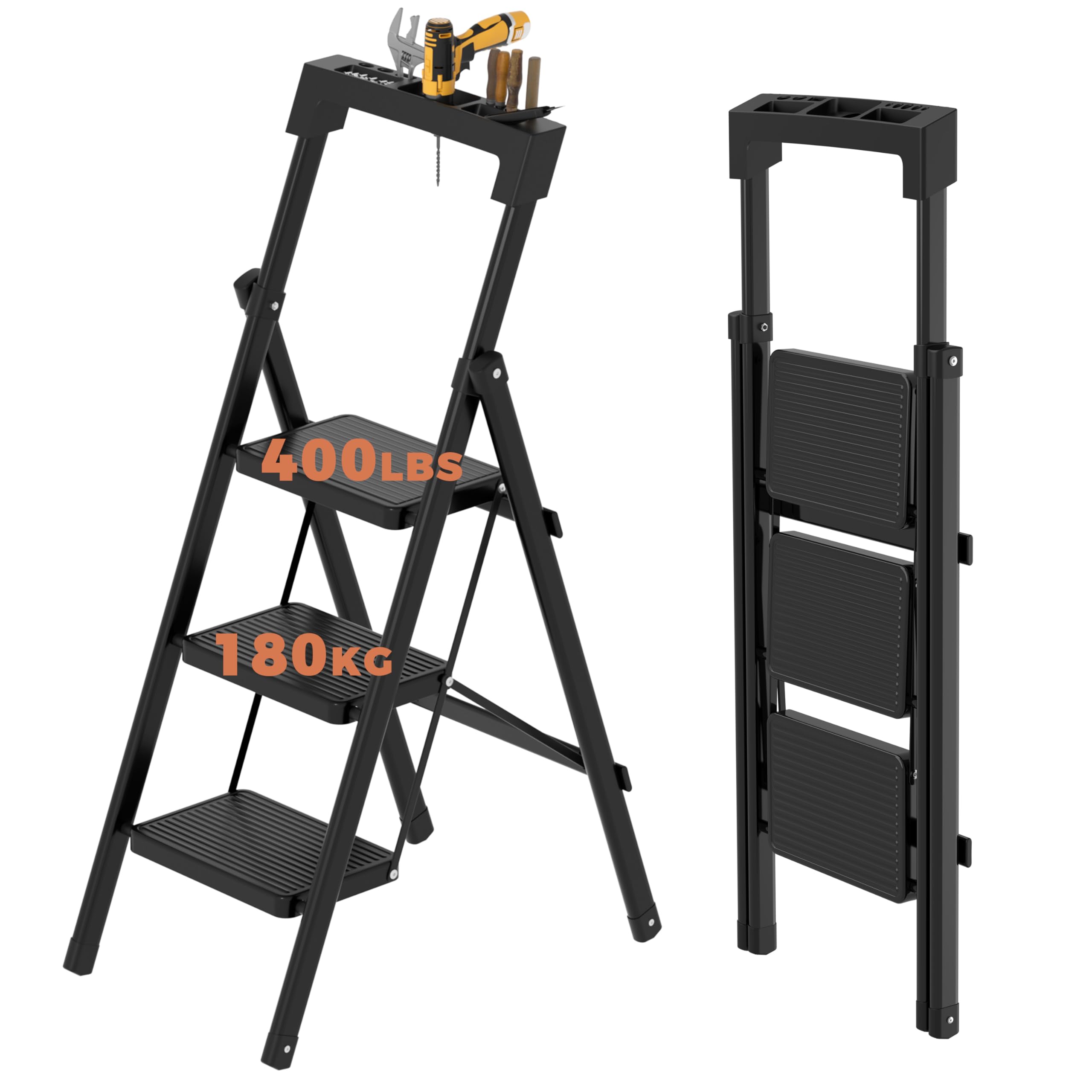 JOISCOPE 3 Step Ladder with Tool Storage Tray, Folding Step Stool for ...