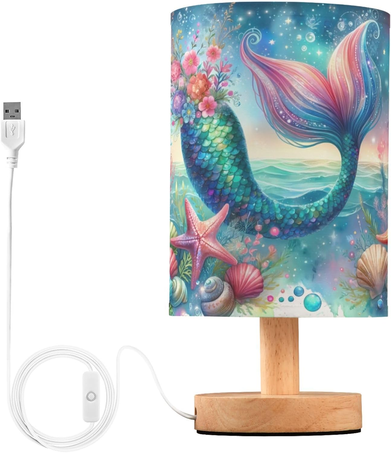 ALAZA Mermaid Moon Star Starfish Ocean Decor Bedside Table Lamp with ...