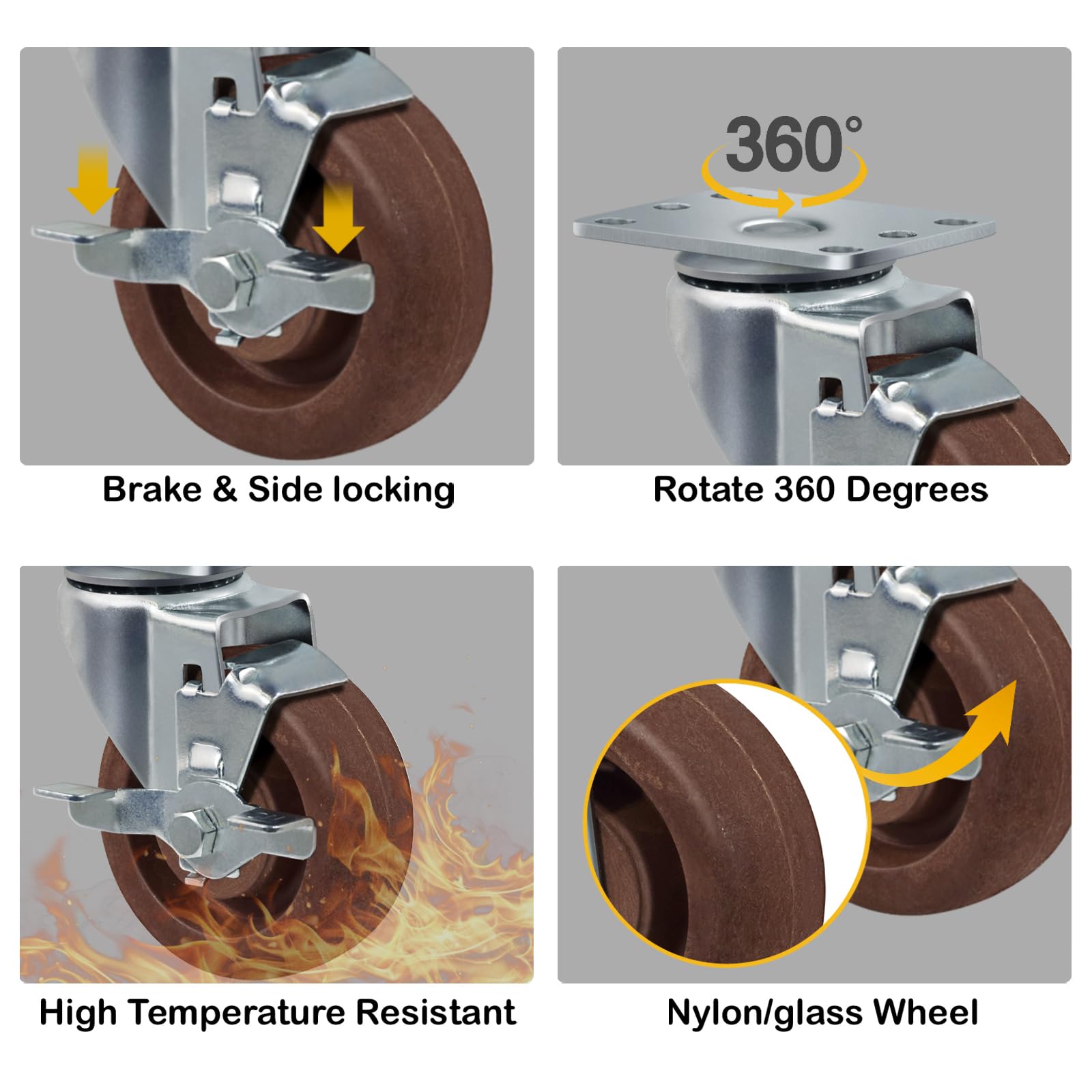 4"X1.5" Heavy Duty Casters- Hi Temperature Wheels, Set of 4 with Strong ...