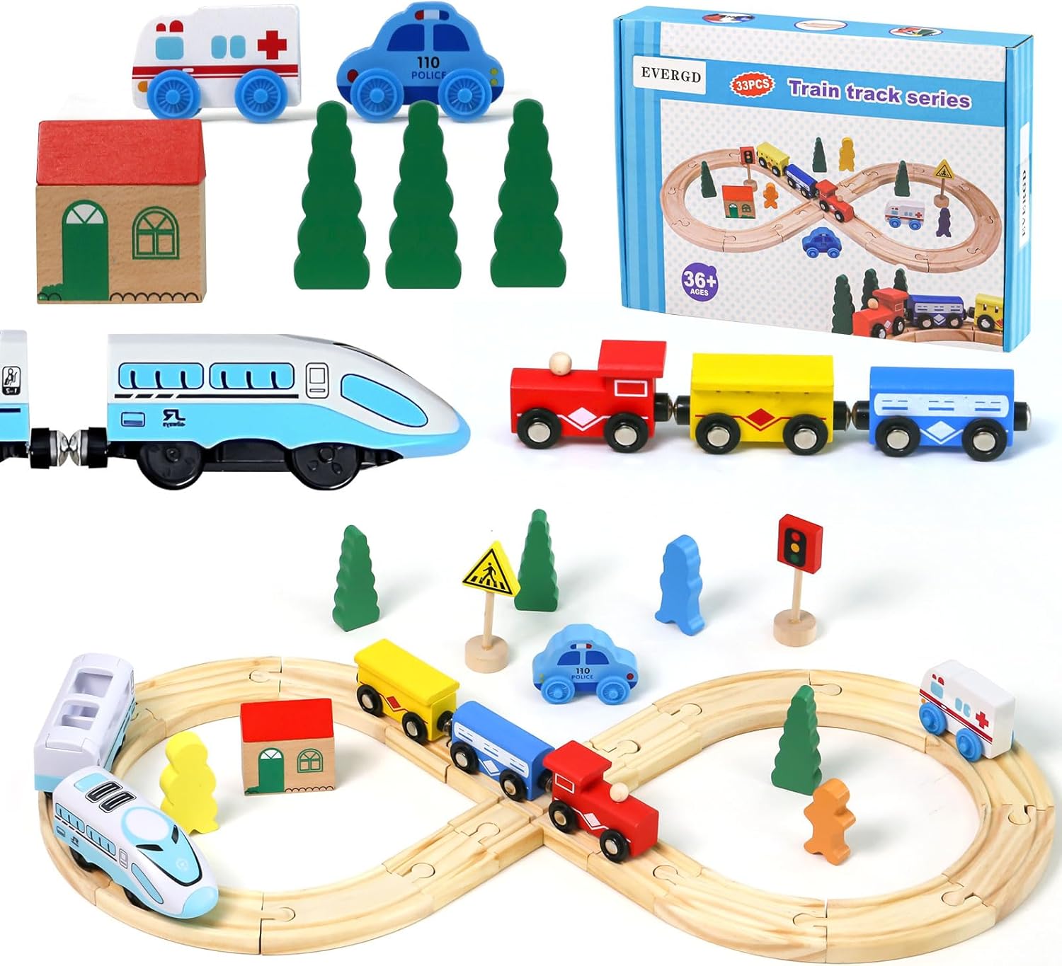 EVERGD Wooden Train Set with 3Pcs Wooden Magnetic Train, 1Pcs Battery ...