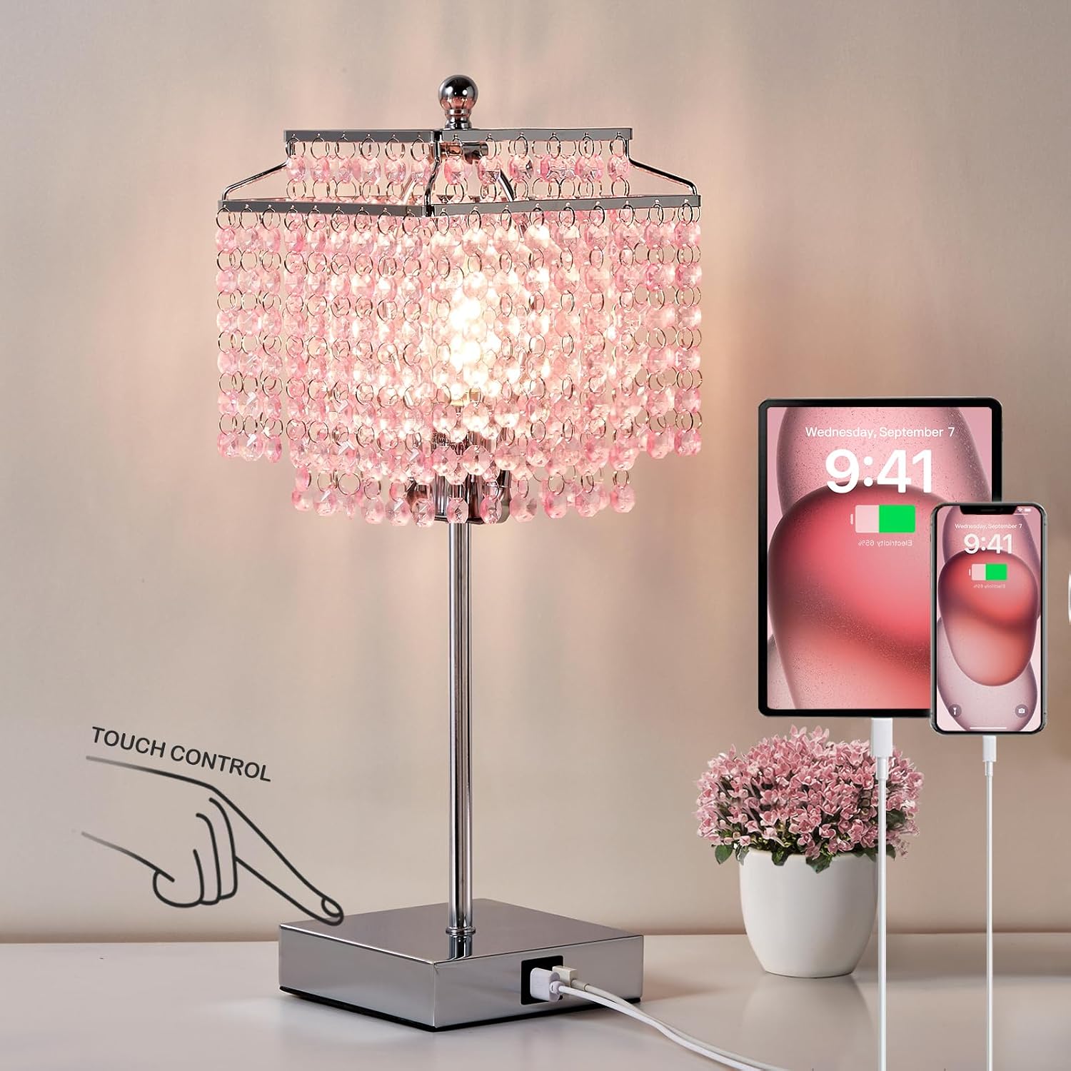 GyroVu Crystal Table Lamp, Pink Touch Lamp with USB C+A Ports, Dimmable ...