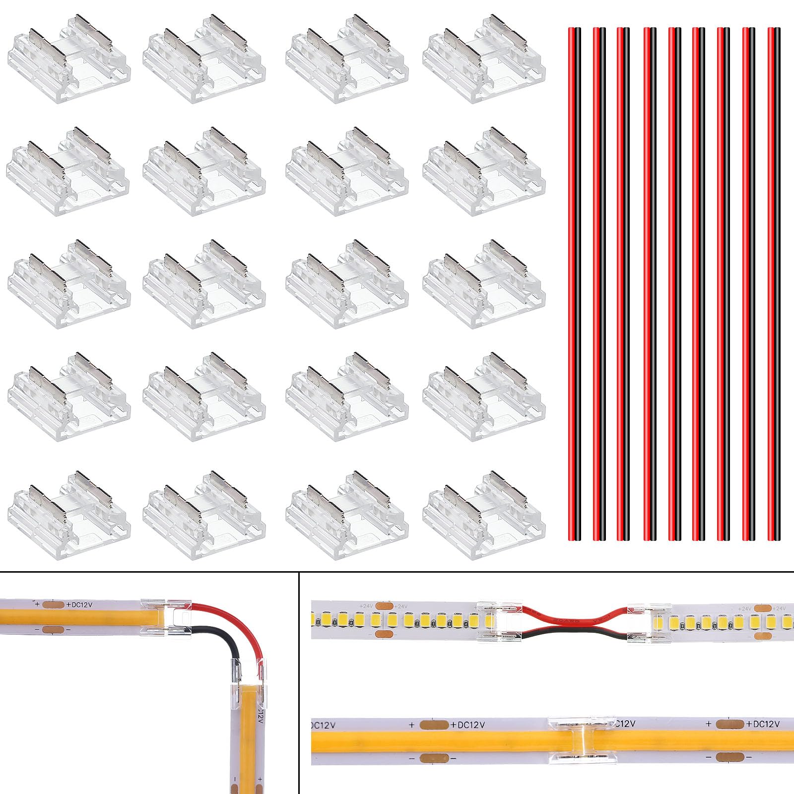 BENLUN COB LED Connector 2 Pin 10mm Kit, 20pcs Solderless I Shape ...