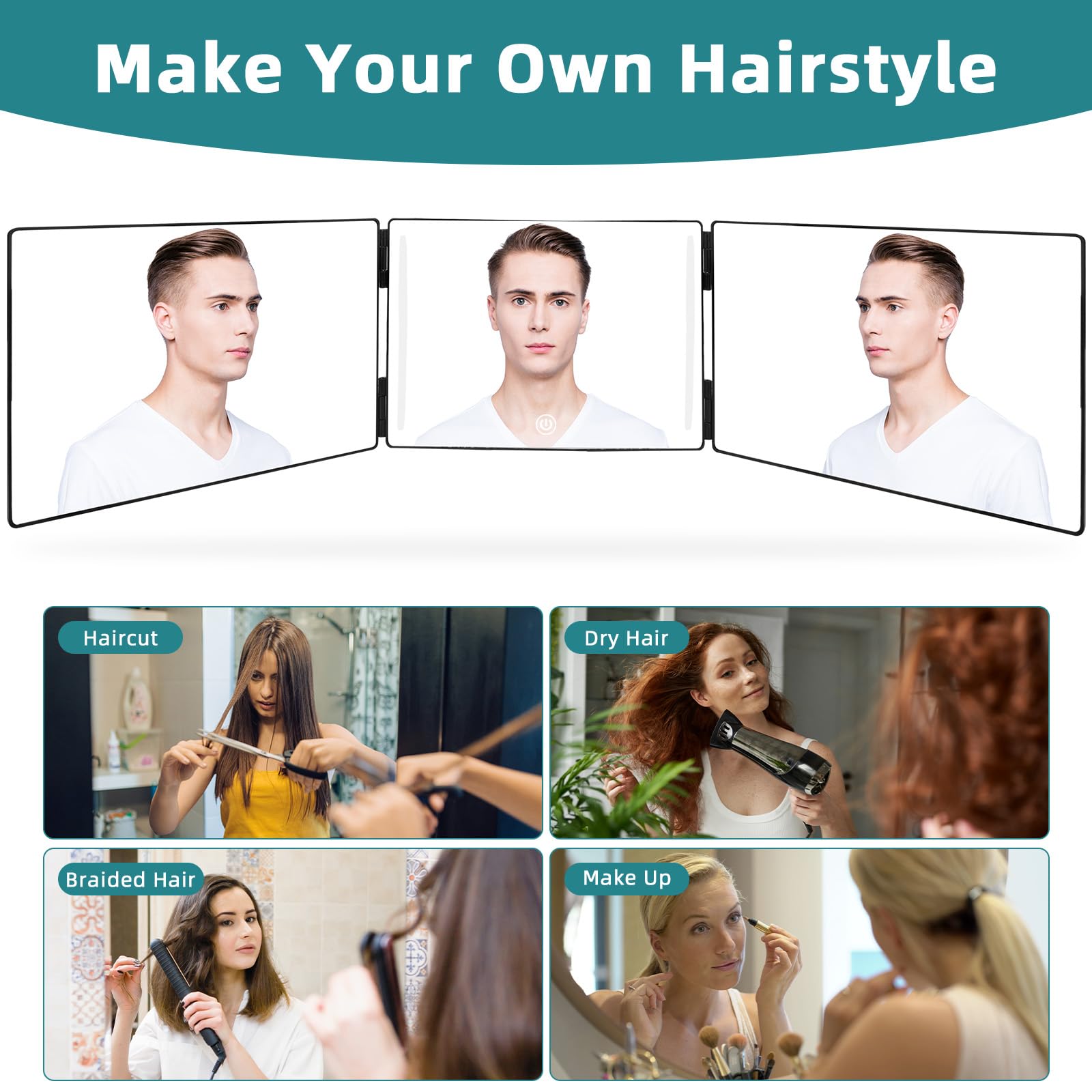 ZEEJORY 3 Way Mirror with LED Lights, Rechargeable 360 Mirror with 10X ...