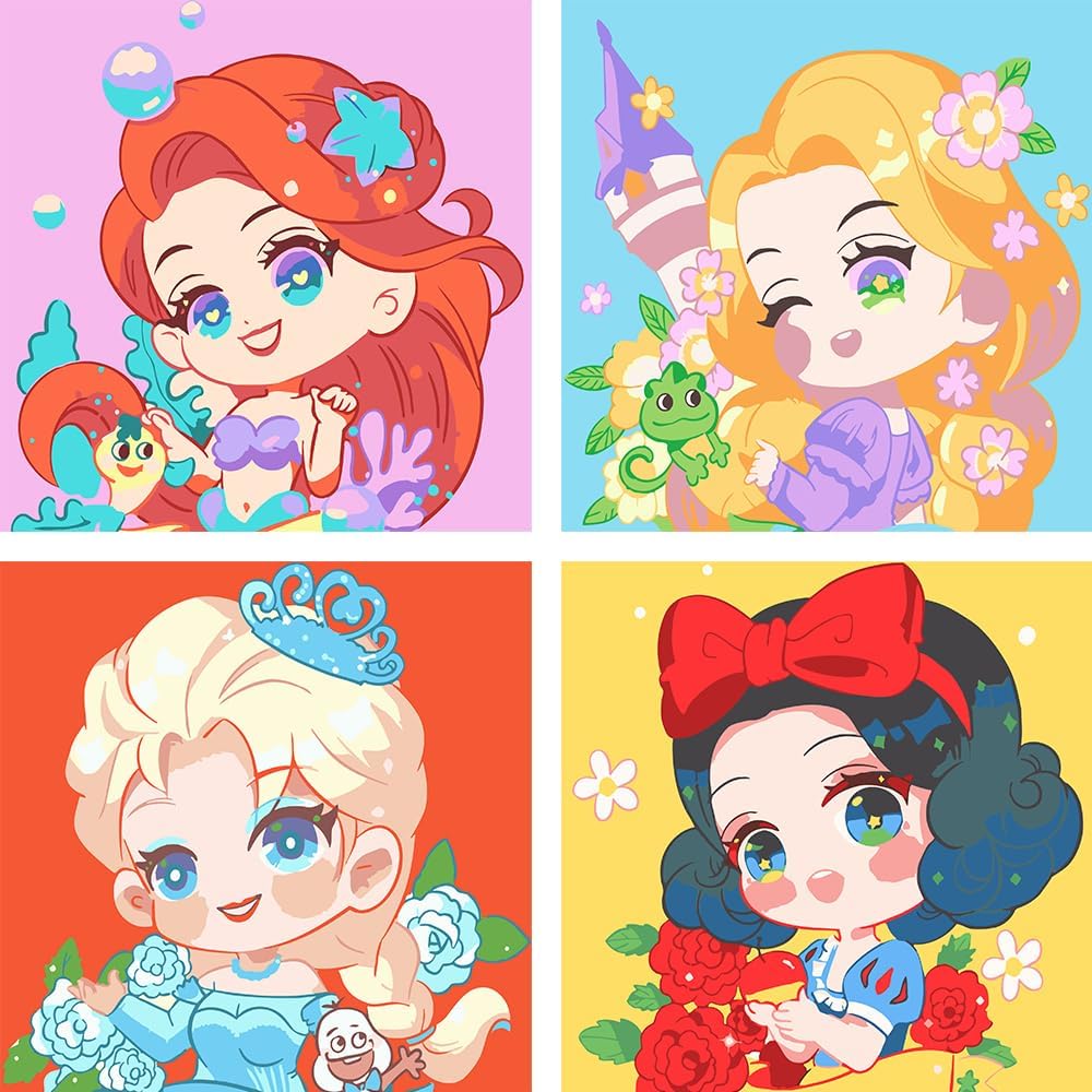 Clendo 4 Pack Princess Paint by Number for Kids & Adults,Cute Paint by ...