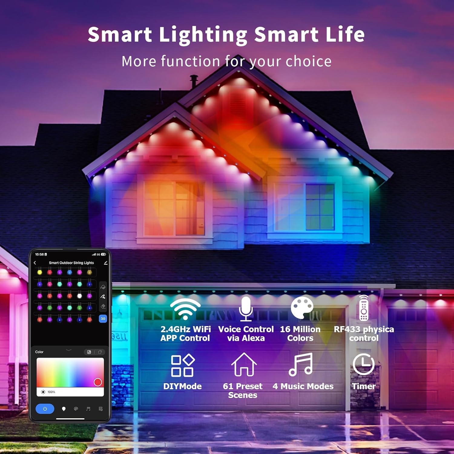 Luces permanentes para exteriores de 50 pies con 30 luces LED, luces ...