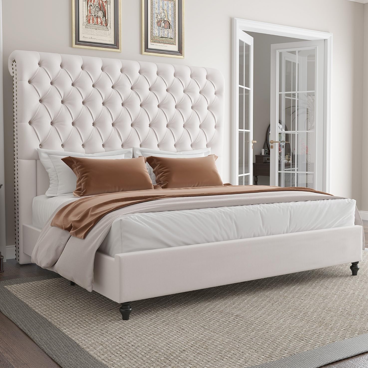 Amazon.com: CIKUNASI Velvet Upholstered Bed Frame Queen with Headboard ...