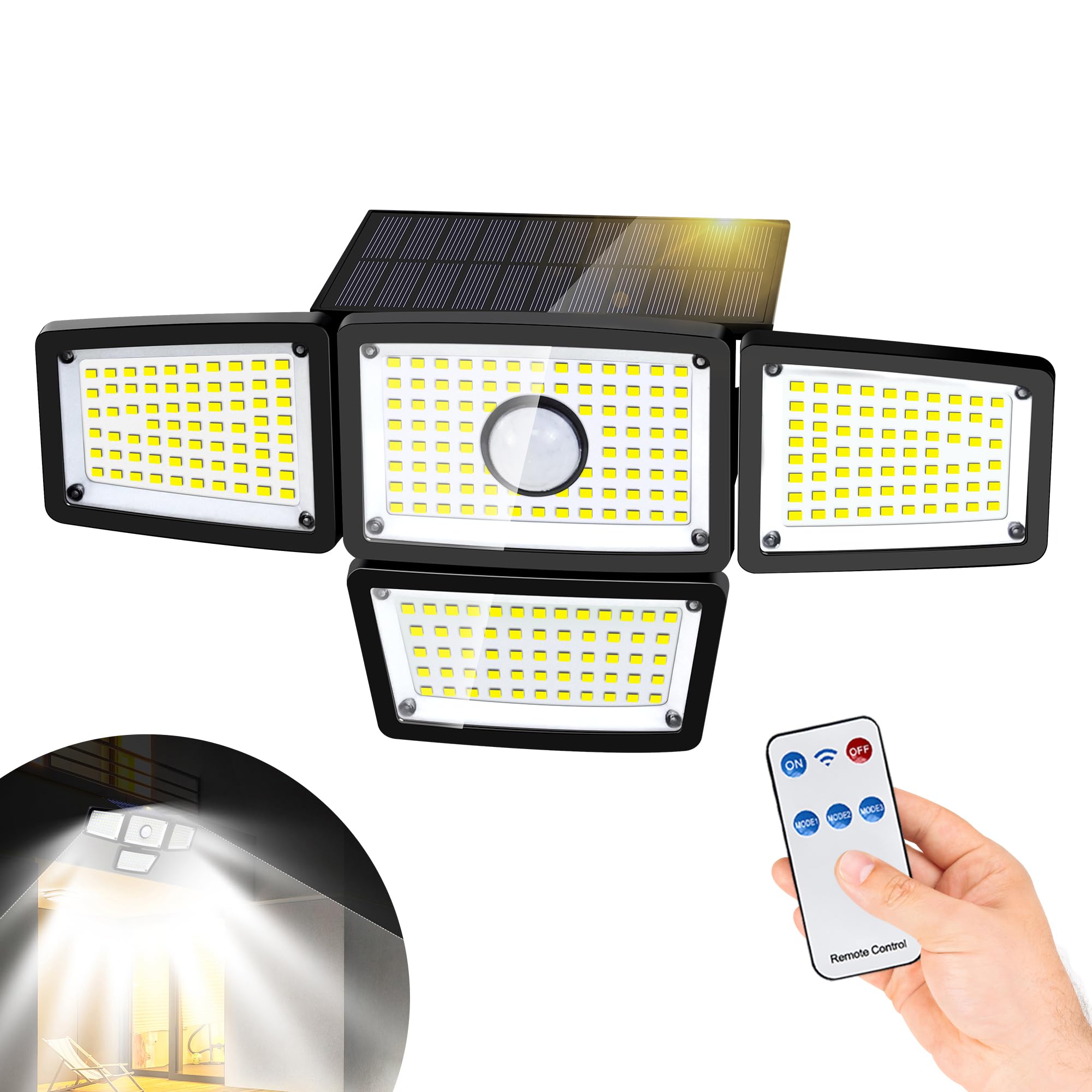 FAXBOX 4 Heads Sensor Lamp Solar, Motion Sensor Outdoor Lights 3000LM ...