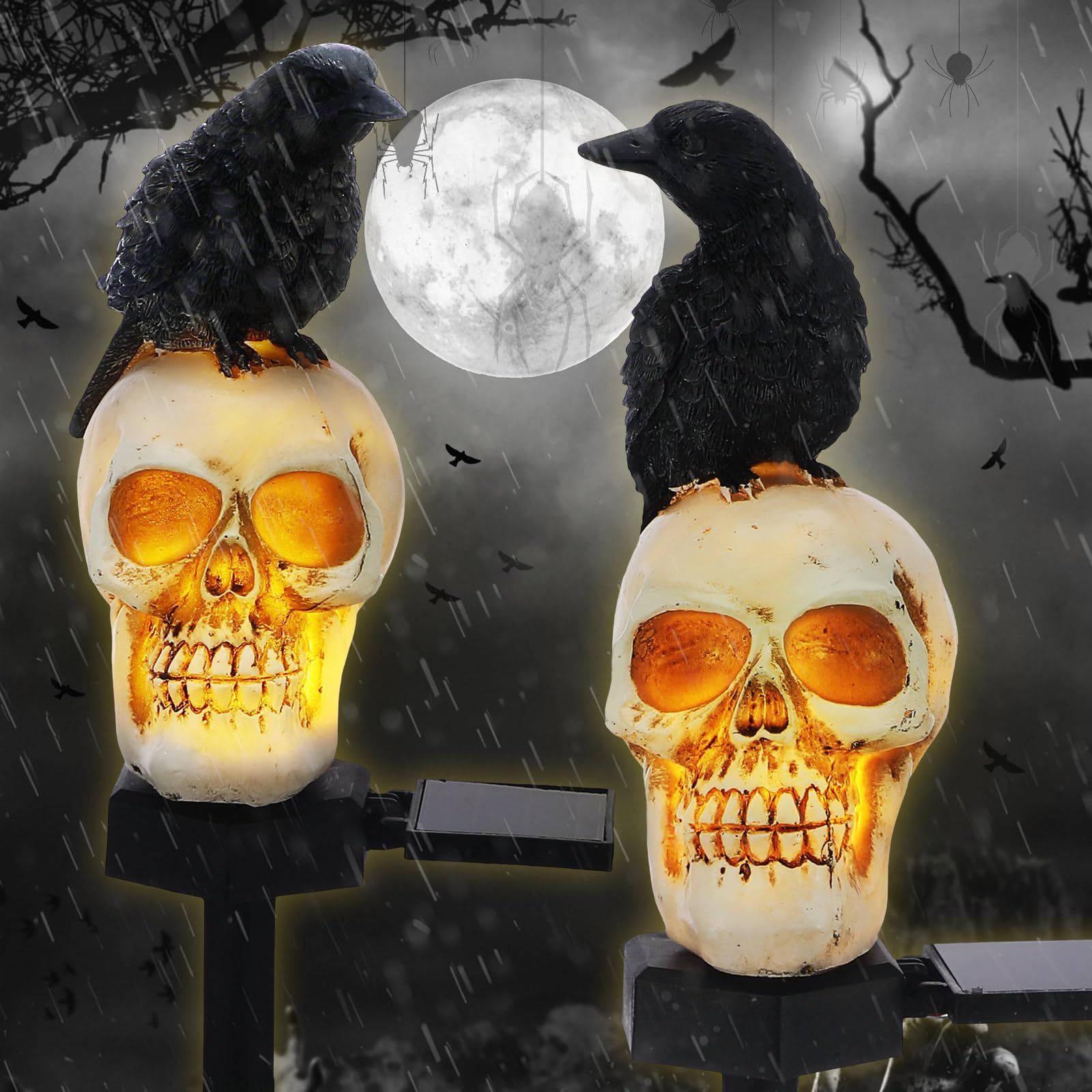 Retisee 2 Pcs Skull Halloween Lights Crow on Skull Solar Pathway Lights ...