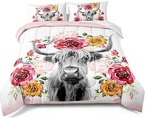 Amazon.com: BDUCOK Highland Cattle Comforter Sets,Rose Flower Highland Cow Bedding Sets for Kids ...